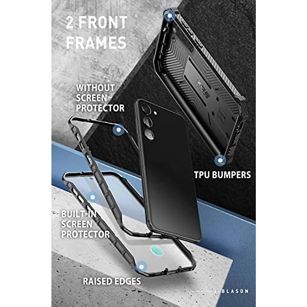 i-Blason Armorbox for Samsung Galaxy S23 Case with Built-in Screen Protector, [2 Front Frames] Full-Body Rugged Anti-Slip Bumper Case with Kickstand & Belt Clip Holster (Black)