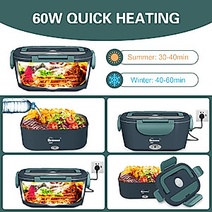 Benooa Electric Heating Lunch Box,3 in 1 Heated Lunch Box for Adults,60W 12/24/110V Leakproof Portable Food Warmer Heater for Car Truck Office Home With Sauce Box & Bag