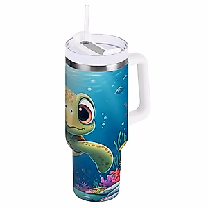 Maunzc 30 oz Tumbler with Handle and Straw, Insulated Stainless Steel Travel Mug with Lid for Coffee, Iced Tea, Water, Gift for Men Women (Cartoon Swimming Turtle)