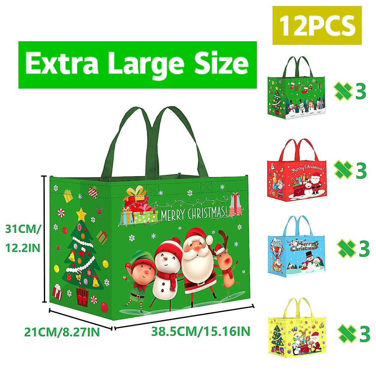 ZNABHNG 12PCS Extra Large Christmas Tote Bags with Handles Reusable Christmas Shopping Bags Large Christmas Bags for Gifts Christmas Grocery Totes for Holiday Xmas Party 15.2"x12.2"x8.3"