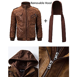 FLAVOR Men Brown Leather Motorcycle Jacket with Removable Hood (Medium (US standard), Brown)