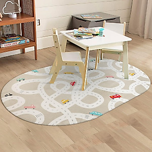 STARUIA Large Kids Rug for Playroom, 4'x6' Washable Road Rug for Nursery, Non-Slip Car Rug for Boys Room, Tan Traffic Classroom Rug Soft Baby Play Mat for Dorm Toy Room Tent