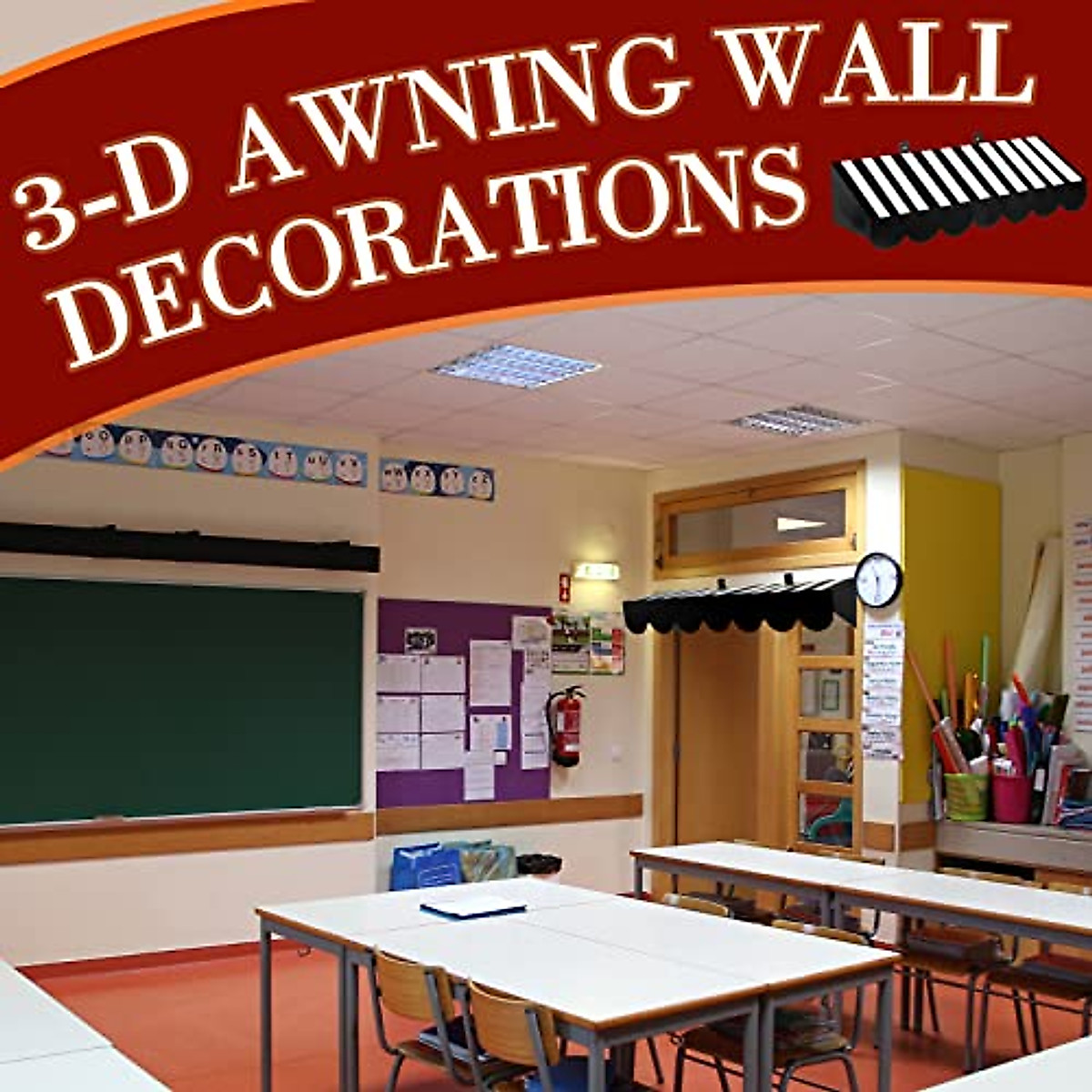 Tallew 4 Piece 3D Awning Wall Decorations Stripes Paper Awning Kids Awnings Circus Birthday Party Decor Carnival Theme Party Decorations for Doors Window Wall Classroom Home Concession Room(Black)