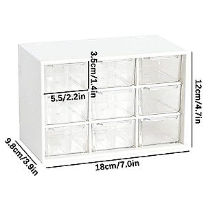 HMIEPRS Mini Plastic Storage Organizer and Cute Stickers, Mini Drawer Organizer with 9 Craft Cases, Desktop Organizer Clear Acrylic Storage Box for Handmade Accessories or Sundries (White)