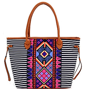 Boho Tassel Leaf Charm Aztec & Stripe Print Canvas Satchel Tote Handbag Purse (Extra Large 3 in 1 Tote - Turquoise/Beige Pattern)