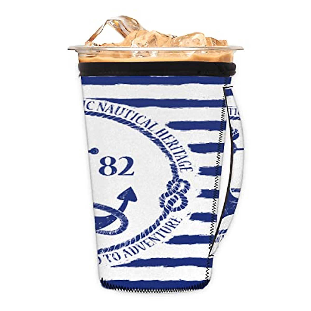 Nautical Navy Reusable Iced Coffee Sleeve Cold Beverage Coozies Compatible£¬Blue Striped Anchor Cup Sleeve with Handle Machine Washable for Most Coffee Drinks Fits 24-28 oz Coffee Cups
