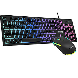 Philips Wired Gaming Keyboard and Mouse Combo, Quiet RGB Backlit Membrane Keyboard with LED Optical Mouse, Island Style- Chiclet Keys for Gaming, Business and Office