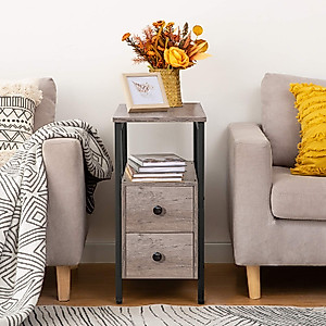 HOOBRO End Table, Narrow Chairside Table with Drawer and Open Storage Shelf, Nightstand for Small Spaces, Stable and Sturdy Construction, Wooden Look Accent Furniture, Greige and Black BG548BZ01G2