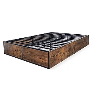 CAPHAUS Industrial Metal Storage Bed Frame with 4 Drawers, Mattress Foundation with Metal Slat Support, Space Saving Platform Bed Frame, Noise-Free, No Box Spring Needed, Queen Size, Rustic Oak Board