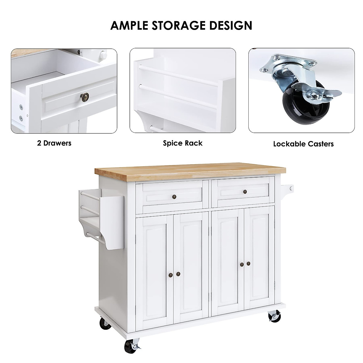 43“ Rolling Mobile Kitchen Island Cart on Wheels with Drawers, Storage Cabinet, Rubberwood Countertop and Spice/ Towel Rack, Adjustable Shelves, White