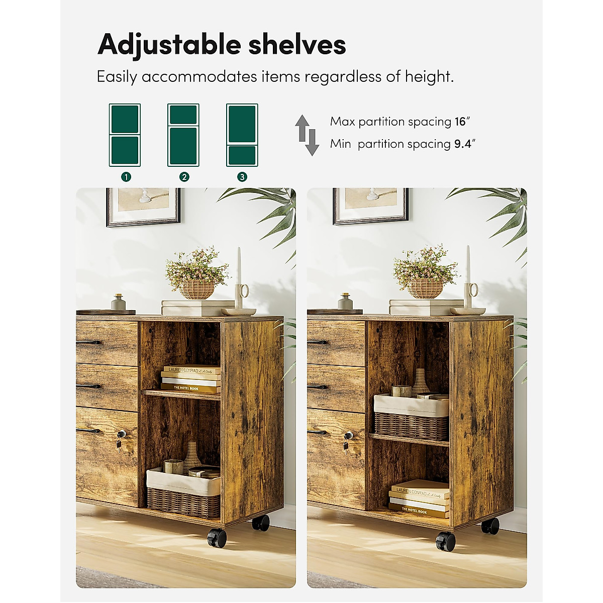 FEZIBO 3-Drawer Mobile File Cabinet, Lateral Filing Cabinet with Lock, Printer Stand with Open Storage Shelves for Home Office, Rustic Brown