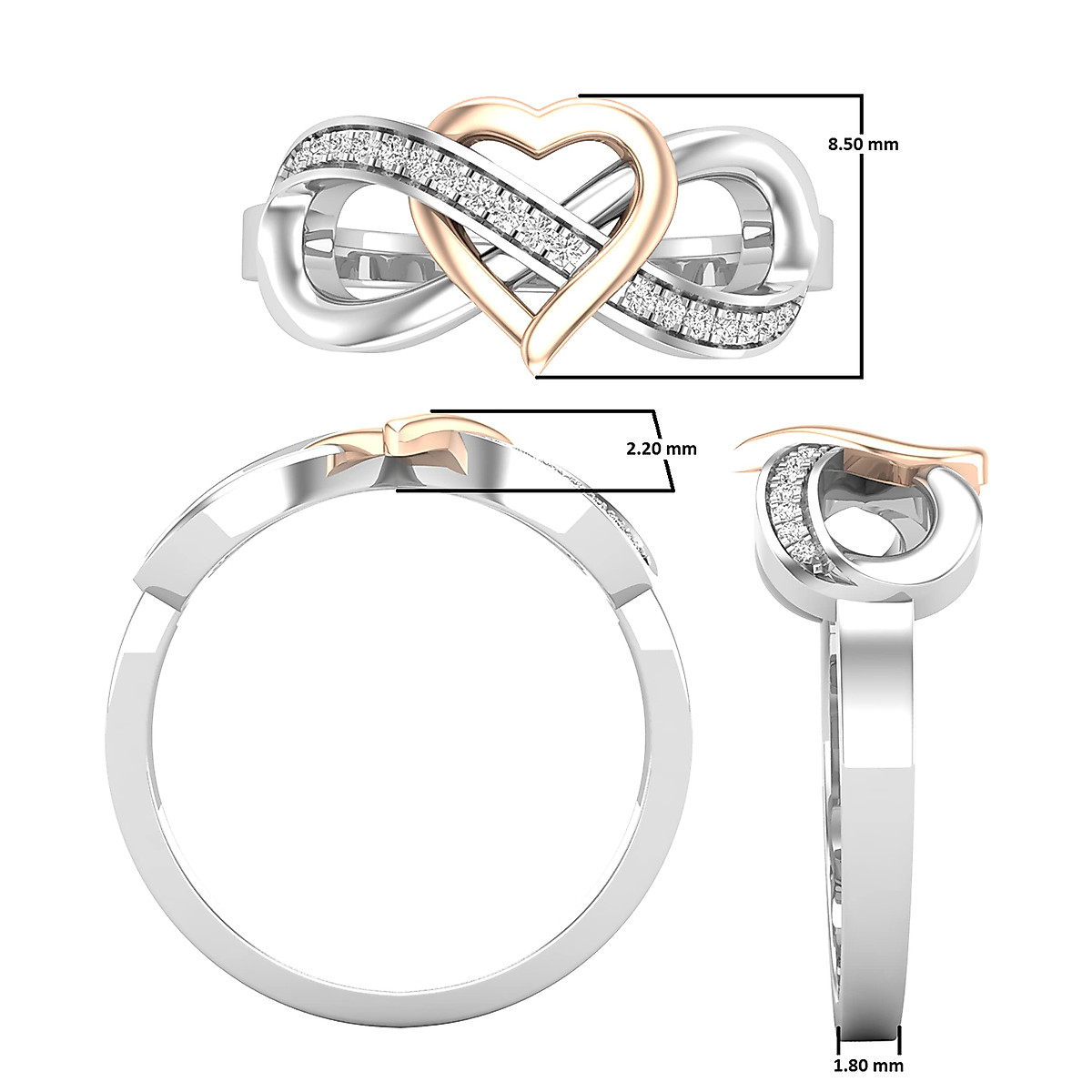 Dazzlingrock Collection Round White Diamond Infinity Interlock Heart Engagement Ring for Women (0.08 ctw, Color I-J, Clarity I2-I3) in Rose Gold Plated Sterling Silver Size 6