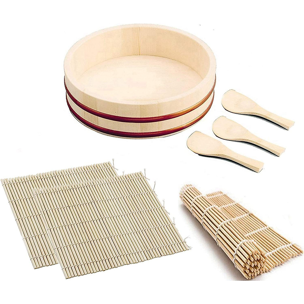 JapanBargain, Sushi Making Kit Rice Mixing Bowl Tub Japanese Hangiri x1, Bamboo Sushi Rolling Mat Roller x3, Rice Paddle Scoop x3