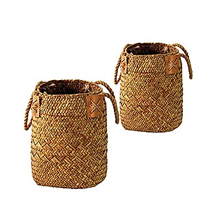 2PCS Seagrass Woven Basket Straw Belly Storage Flower Plant Pot Vase Organizer with Handles for Laundry Picnic Grocery