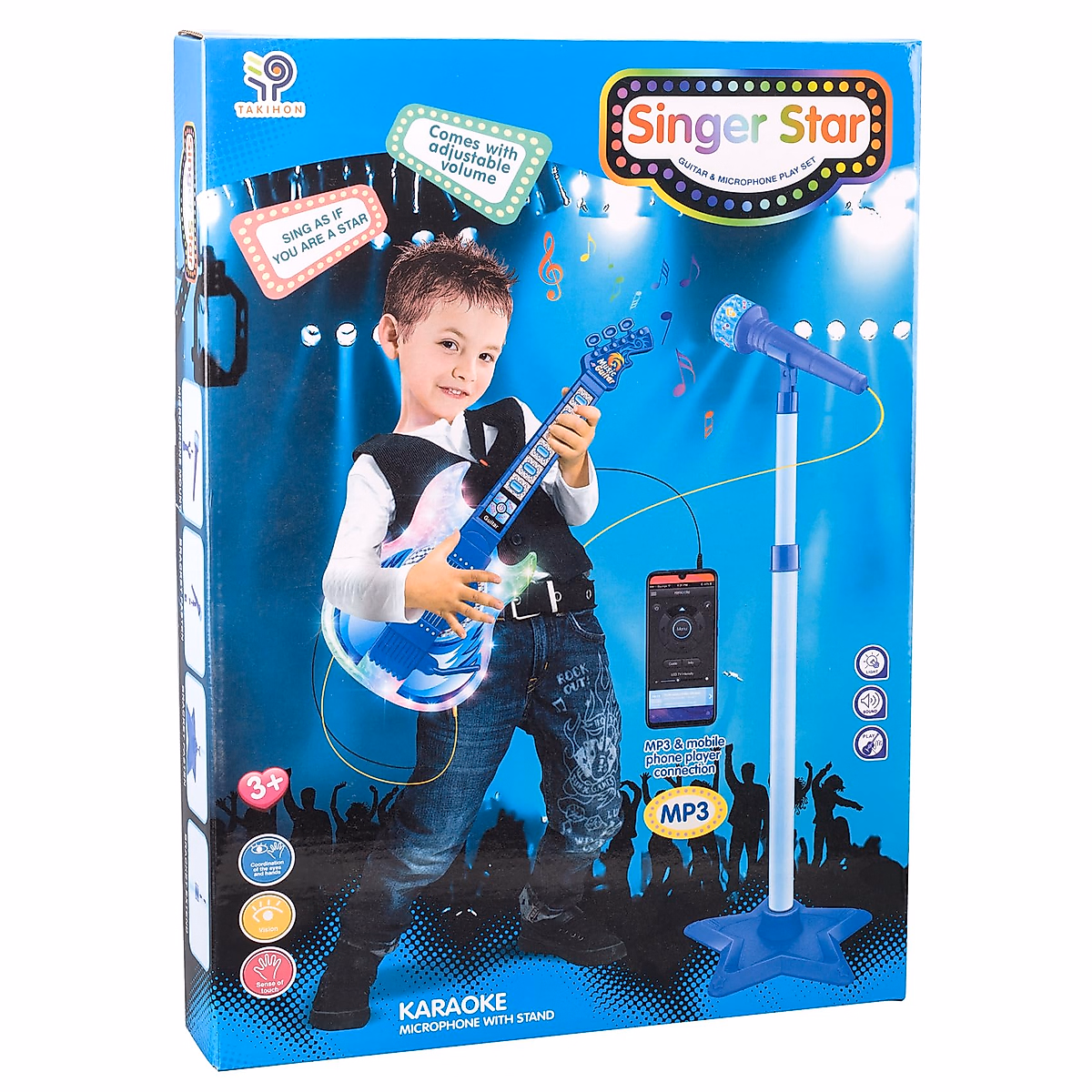 TAKIHON Guitar and Microphone Set for Kids,Guitar Toys with Music&Colorful Light,Adjustable Height Microphone with Stand,Karaoke Toys Gift for Boy,Girls,Toddlers(Blue)-Upgraded