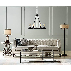 Franklin Iron Works Tremont Modern Mid Century Floor Lamp Standing 62" Tall Deep Bronze Metal Tan Burlap Drum Shade for Living Room Reading Bedroom Office House Home Decor