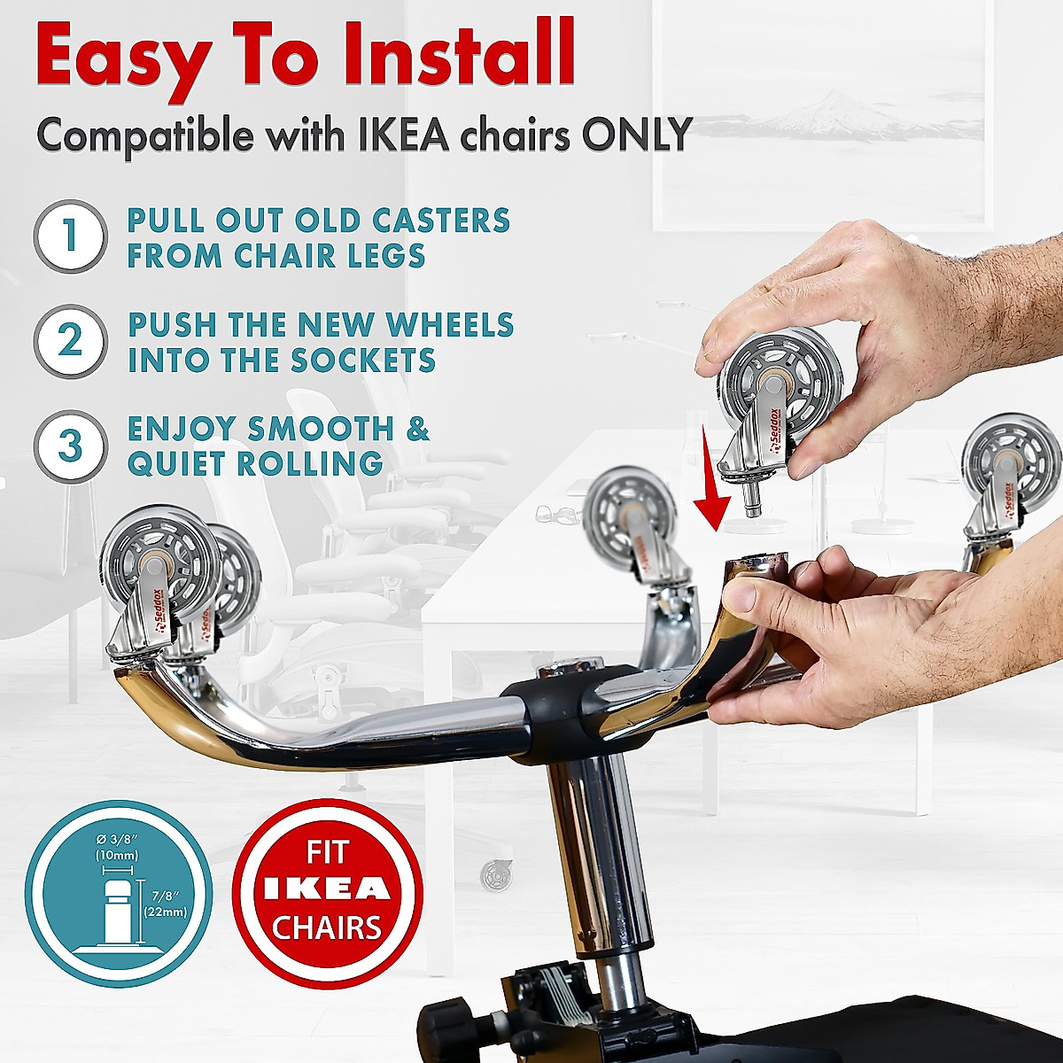 Professional Office Chair Wheels 10mm Stem - FIT IKEA Chairs ONLY - 3'' Replacement Rollerblade Rubber Chair Casters - Best Protection for Your Hardwood Floors Without Any Chair MATS - Silver