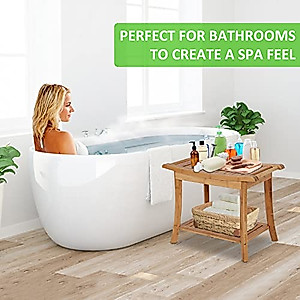 Bamboo Spa Bath Shower Bench Stool Seat with Storage Shelf Organizer Stool Bench Seat with Non-Slip Foot Shower Bath Seats