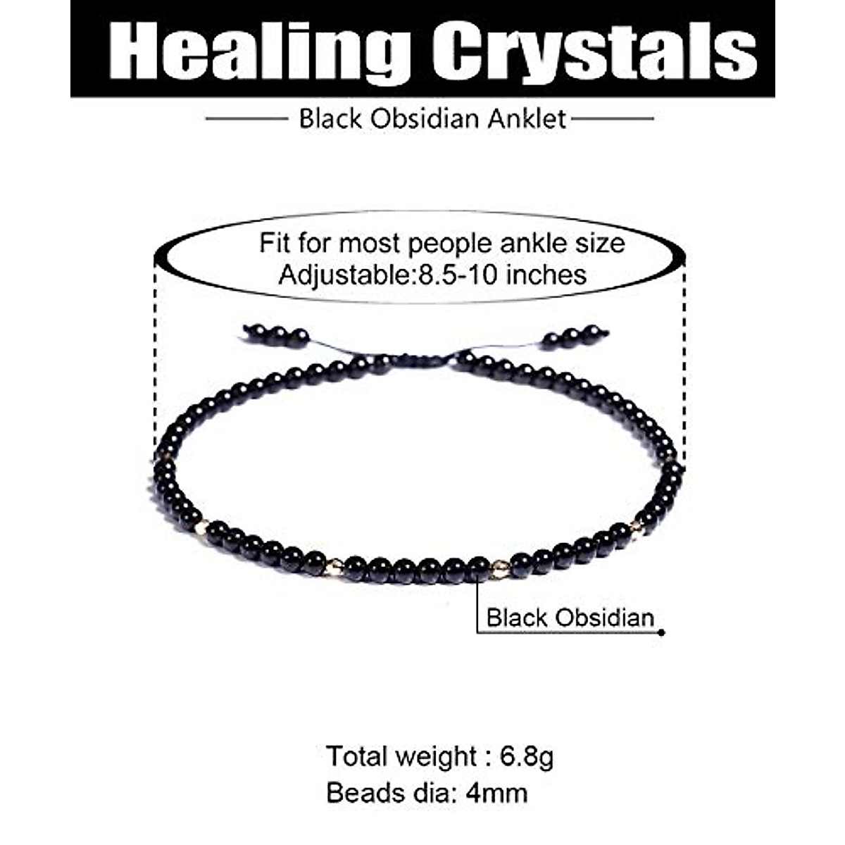 Jewever Black Obsidian Anklet Bracelet for Women crystals and healing stones Beach Foot Beaded Adjustable(8.5-10 Inches)
