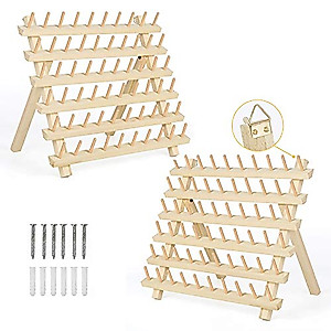 MOOACE 60-Spool Thread Holders, 2 Pack Wooden Thread Rack, Sewing Organizer with Hanging Hooks for Embroidery Quilting and Sewing Threads