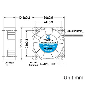 WINSINN 30mm Fan 24V, 3D Printer Micro 24 Volt Fans 3010 Hydraulic Bearing, Brushless Cooling 30mmx10mm 2PIN (Pack of 5Pcs)