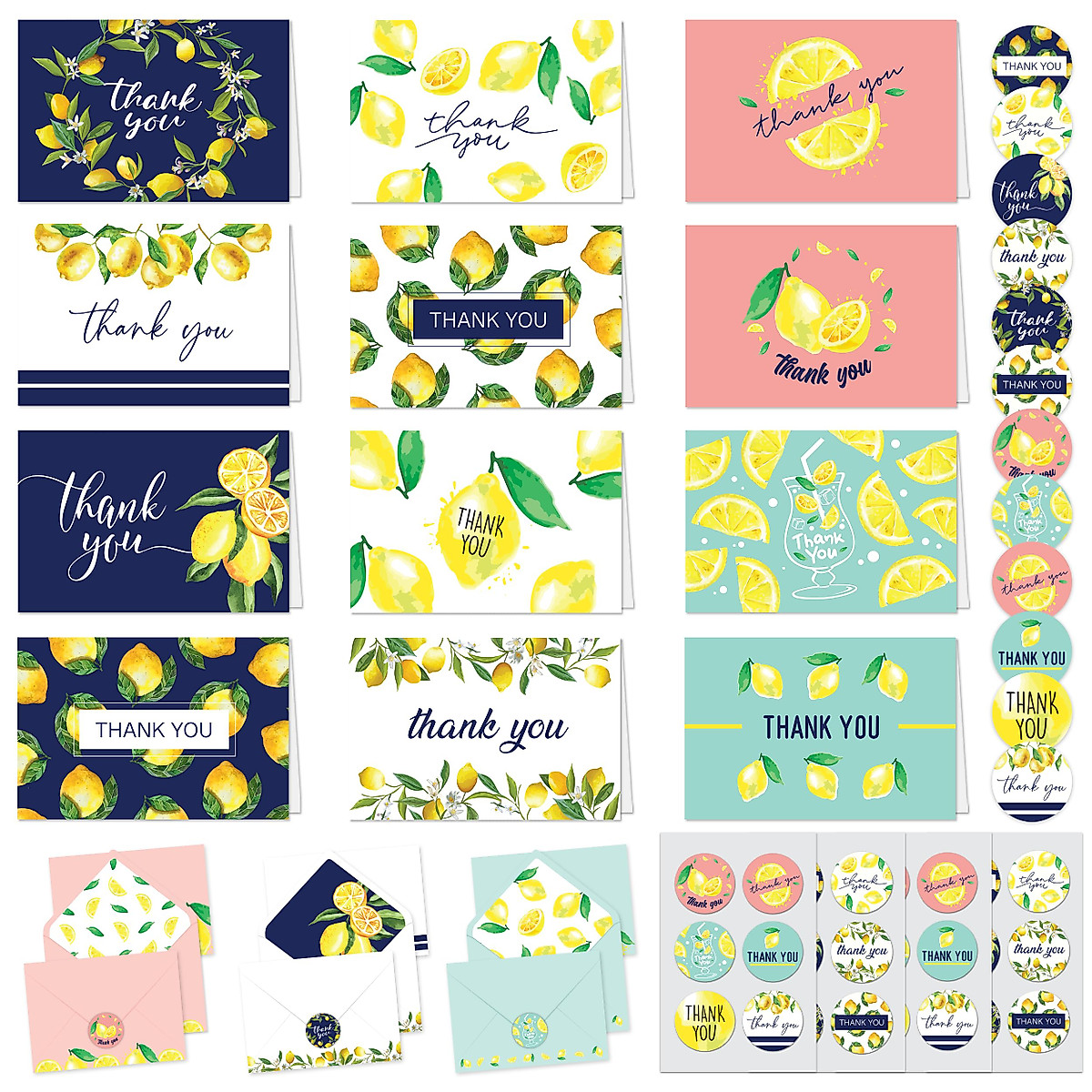 Decorably Thank You Cards with Envelopes & Stickers - 24 Pack Lemon Thank You Cards with Envelopes & Stickers, Blank Inside Lemon Note Cards, 6x4 Citrus Thank You Cards Bridal Shower Card, Lemon Card