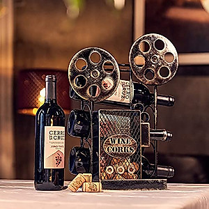 Aayla Tabletop Wine Rack – Retro Classic Movie Projector for Holding 3 Bottles with Cork Storage Perfect Wine Gift for Wine Lovers