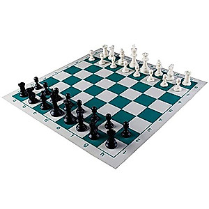 FIBVGFXD Chess Solid Wood Set, Chess Set for Adults, Tournament Chess Set, 90% Plastic Filled Chess, Pieces and Green Roll-up Vinyl Chess Board Game (43x43cm)