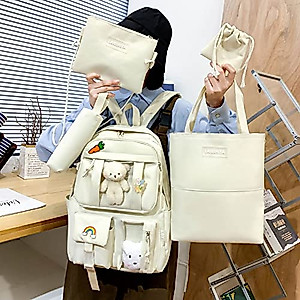 YGYCF Kawaii Backpack 5Pcs Set for Student with Cute Bear Accessories - School Bags for Teen Girls Back to School Supplies Essentials Aesthetic Bookbag, A White