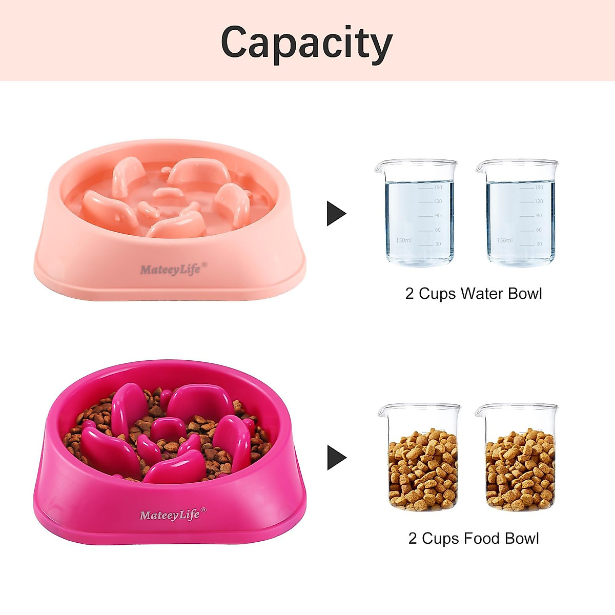 MateeyLife Slow Feeder Dog Bowls 2PCS, Anti-Choking Puzzle Dog Food Bowls, Anti-Slip Interactive Dog Feeding Bowls That Slow Down Eating, Bloat Stop Maze Dog Dishes for All Breads Pets Pink&Purple