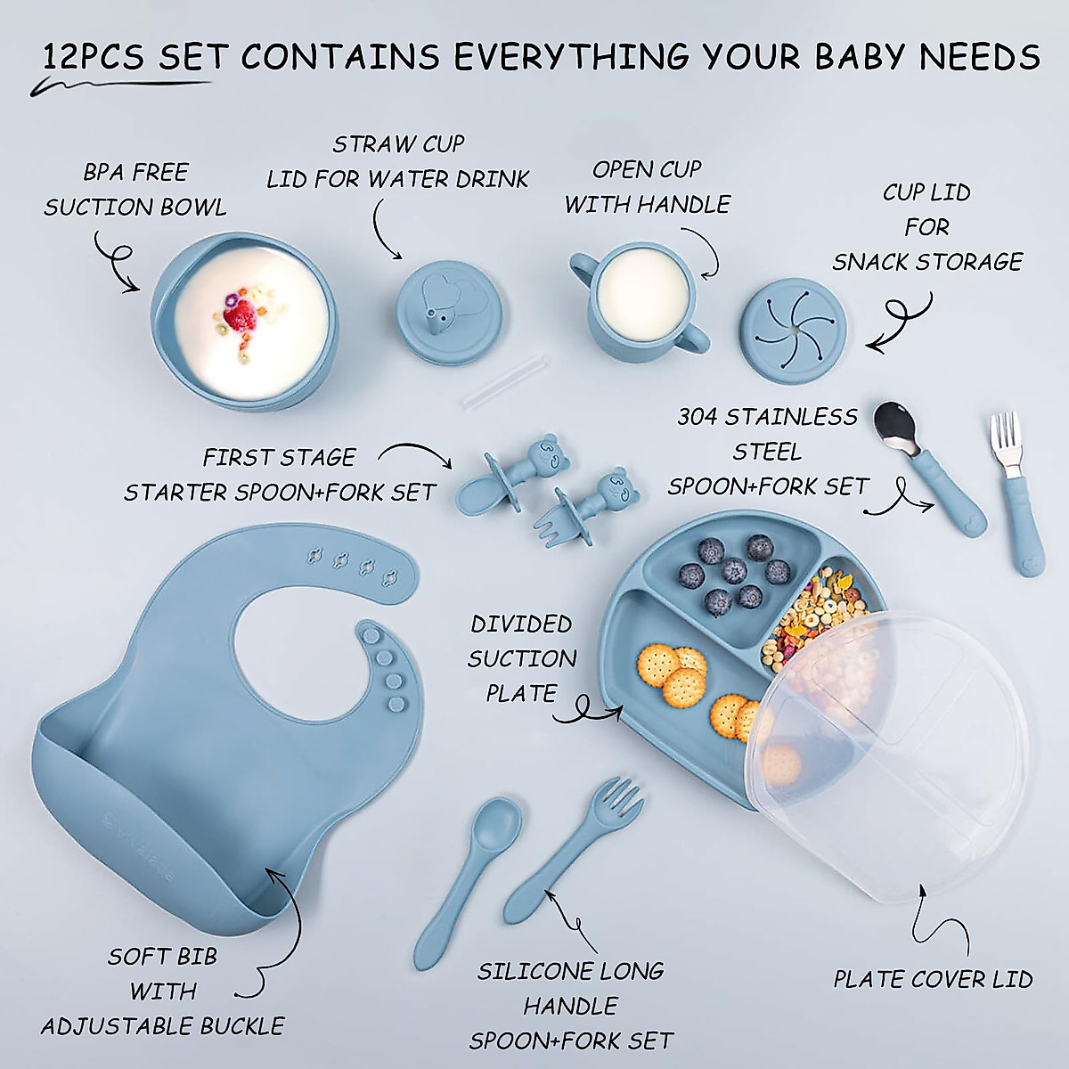 Vivalada Silicone Baby Feeding Set, 12PCS Baby Led Weaning Supplies, Baby Suction Plate with Lid and Bowl Set, Baby Self Feeding Spoons Forks Sippy Cup and Bib, Baby Eating Set 6+ Months (Blue)