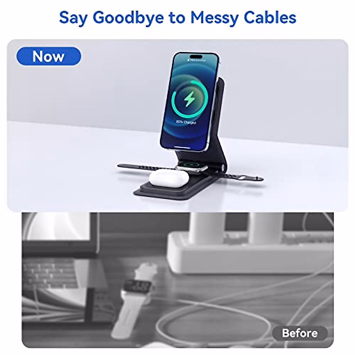 Hasbagan 3 in 1 Charging Station, Magnetic Foldable Charger, Travel Charging pad for iPhone 14 13 12 Pro Max & Apple Watch - Charging Stand Dock for AirPods (Black)