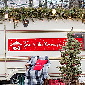 Nativity Christmas Sign Banner Jesus is the Reason for the Season Large Xmas Yard Sign Manger Scene Yard Sign Large Outdoor Jesus Christmas Decorations for Religious Christmas Decoration, 9.8 x 1.6 FT