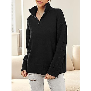LILLUSORY Women's Black Oversized Quarter Half Zip Up Pullover Sweaters 2023 Fall Cashmere Fuzzy Knit Chunky Warm Light Lightweight Trendy Clothes Outfits