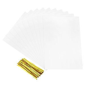 uxcell 100 Pcs Clear Cello Bags, Clear Flat Plastic Cello Treat Bags with Gold Twist Ties Gift Bags Cookie Bags for Christmas Snack Candy Cookie Gifts