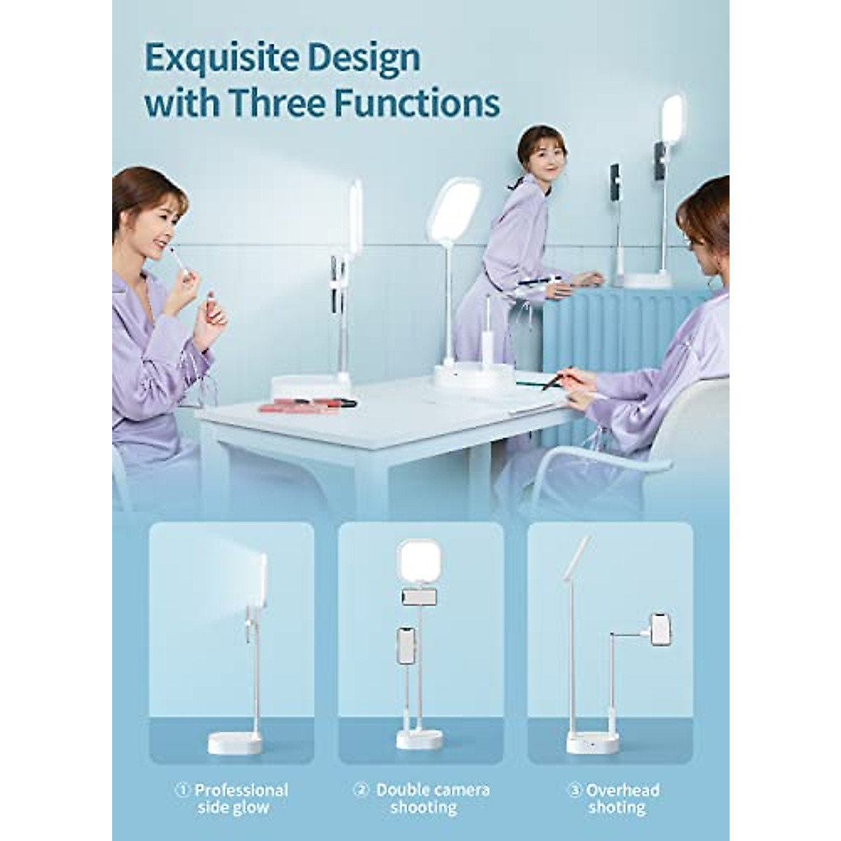 yAyusi Phone Stand for Recording, Overhead 360° Rotation with Two Phone Holders, Content Creator Kit, Rechargeable Adjust Foldable 15 Brightness LED Light for Live Streaming/YouTube/Video Recording