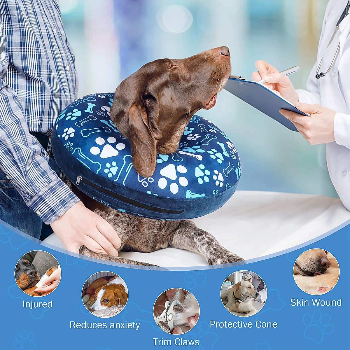 SCENEREAL Dog Cone Alternative After Surgery Donut Collar, Soft Pet Recovery Pillow Collar for Medium Large Dogs, Inflatable Adjustable Neck Collars to Prevent Licking, Bone and Paw Print E-Collars