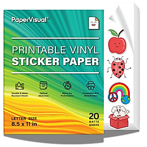 PAPERVISUAL Printable Permanent Vinyl Paper - 20 Sticker Sheets For Printer - Matte White Waterproof Sticker Paper - Thick Tear-Resistant Sticker Printer Paper - Laser, Inkjet Printable Sticker Paper