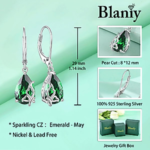 Blaniy Teardrop Dangle Drop Earrings for Women 925 Sterling Silver Emerald May Birthstone Earrings Butterfly Leverback Earrings Jewelry Gifts for Mom Wife Her