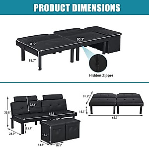 Small Faux Leather Futon Sofa Bed Adjustable Convertible Sleeper Sofa for Living Room, Apartment, Dorm w/Storage Ottoman Coffee Table Bench, Lumbar Pillows and Folding Recliner (Black Sofa Bed)