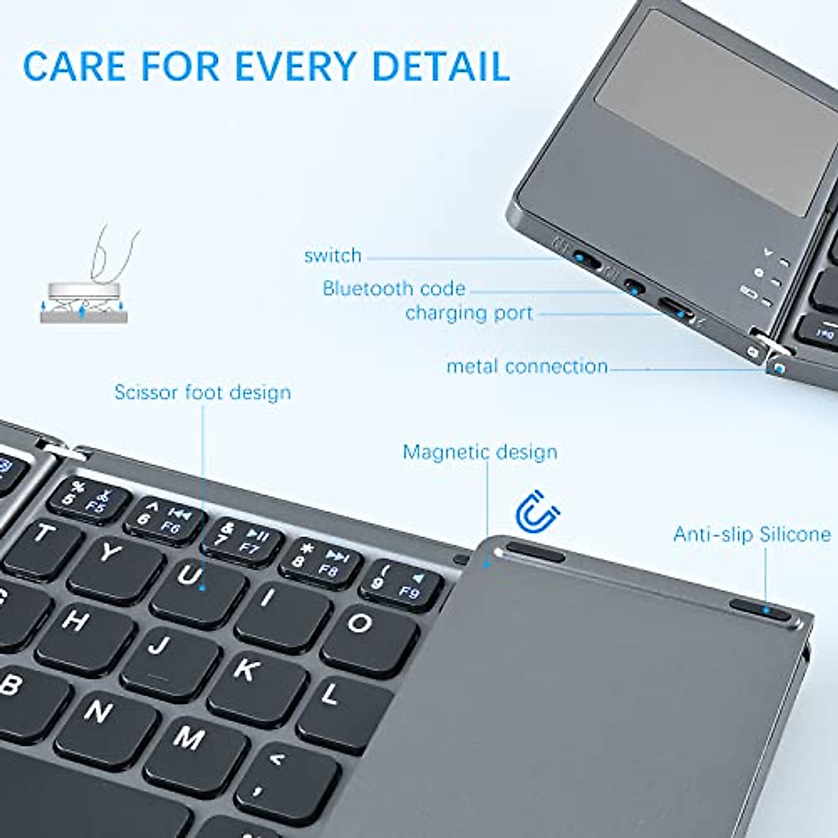 JPHTEK Foldable Bluetooth Keyboard with Touchpad, Portable Wireless Keyboards, Rechargeable Full Size Ultra Slim Pocket Folding Keyboards for Android Windows iOS Tablet & Laptop Gray