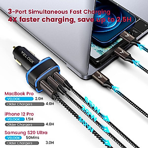 115W USB C Car Charger, VELOGK 3-Port [PPS&PD&QC3.0] 65W 45W 30W Super Fast Type C Car Charger Adapter for iPhone 15 Pro Max Samsung S24 S23 S22 Ultra Note 20, iPad, Macbook/Dell,with 100W USB C Cable