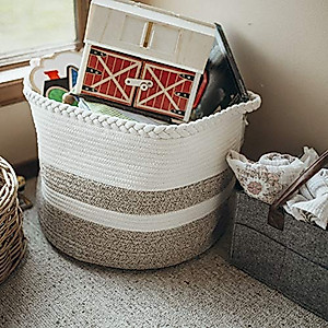Cotton Rope Basket for Living Room Blanket Storage - Kids Playroom Storage Organizer - Woven Nursery Laundry Basket for Clothes, Bathroom Towels, Toys - Home Decorations Bins - Extra Large 20"D x 13"H