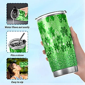 Green Glitter Sparkle Clovers Travel Mug Insulated Tumbler with Lid and Straw Abstract Lucky Irish Shamrock Stainless Steel Vacuum Double Walled Drinking Cup Keeps Drinks Cold&Hot Water Bottle for T