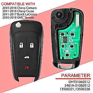 4 Buttons Keyless Entry Flip Car Remote Key Fob Fits for Chevy Equinox, Camaro 2010-2019, Cruze 2011-2016, GMC Terrain 2010-2019, B uick Regal 2011-2017 FCC: OHT01060512 315Mhz (1 Pack)
