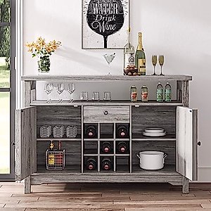 Farmhouse Coffee Bar Cabinet, 47" Kitchen Buffet Storage Cabinet with 9 Wine Racks, Sideboard Buffet Cabinet with 2 Barn Doors and Drawer, Wine Bar Cabinet for Dining Room, Living Room, Rustic Gray