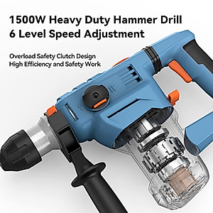 y Duty Rotary Hammer Drill 12.5 Amp, 1-1/4'' SDS-Plus, 3 Functions with Vibration Damping Technology, Safety Clutch, 6-Speed Regulation, Used for Concrete, Metal, and Stone (Blue)