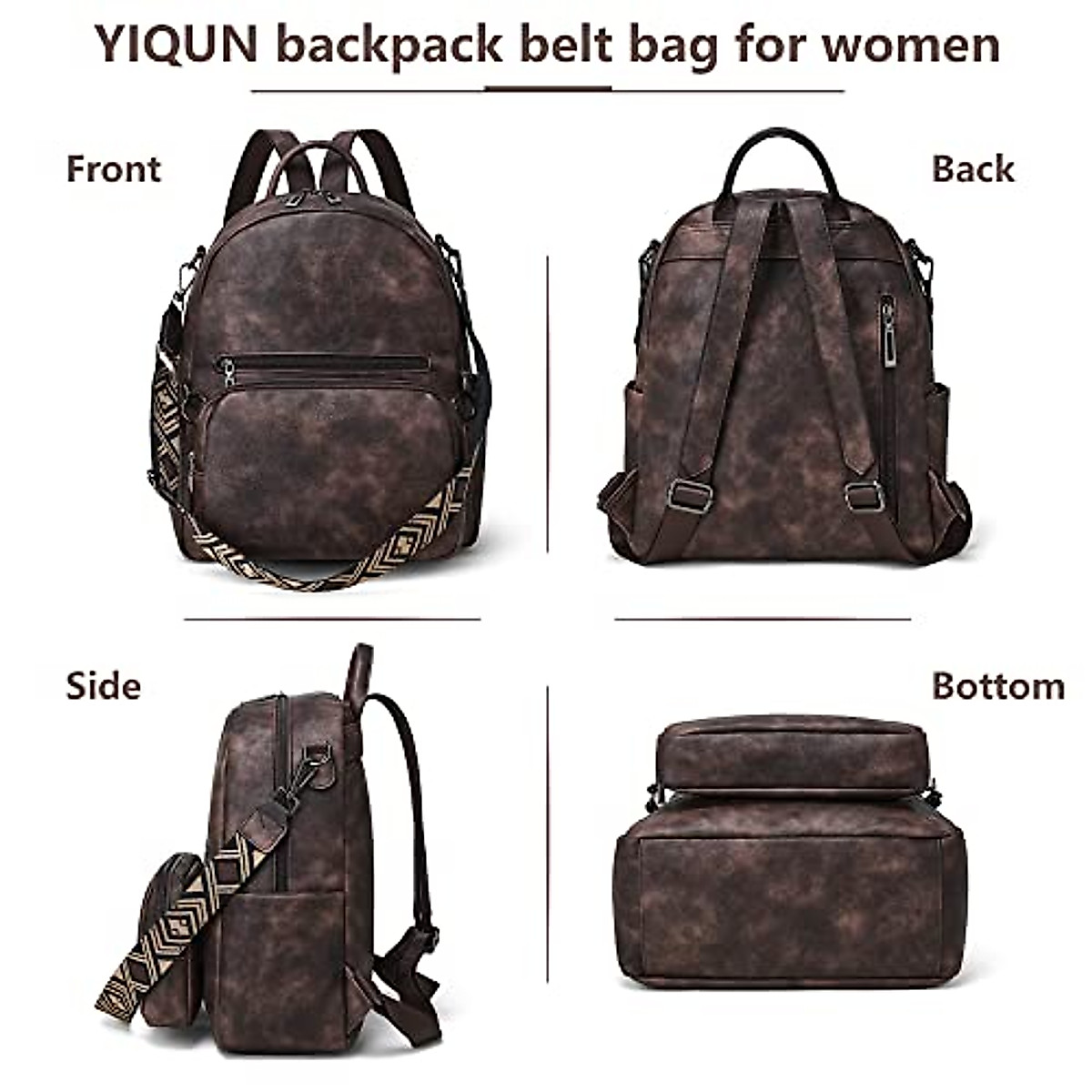 YIQUN Backpack Purse for Women, Leather Purse Backpack Shoulder Bag Fashion Designer womens backpack Backpack with Belt Bag