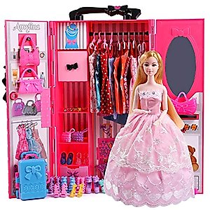 UCanaan 11.5 Inch Girl Doll and Closet Set with Clothes and Accessories-Lot 51 Items Including Fashion Dolls,Wardrobe, Trunk, Casual Wear, Dress, Swimsuits, Hangers, Shoes, Bags and Necklaces