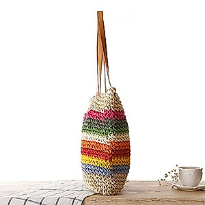 QZUnique Straw Handbags Rainbow Stitching Leather strap Shoulder Bag Women's Summer Beach Natural Casual Tote Bag Messenger Portable Bag